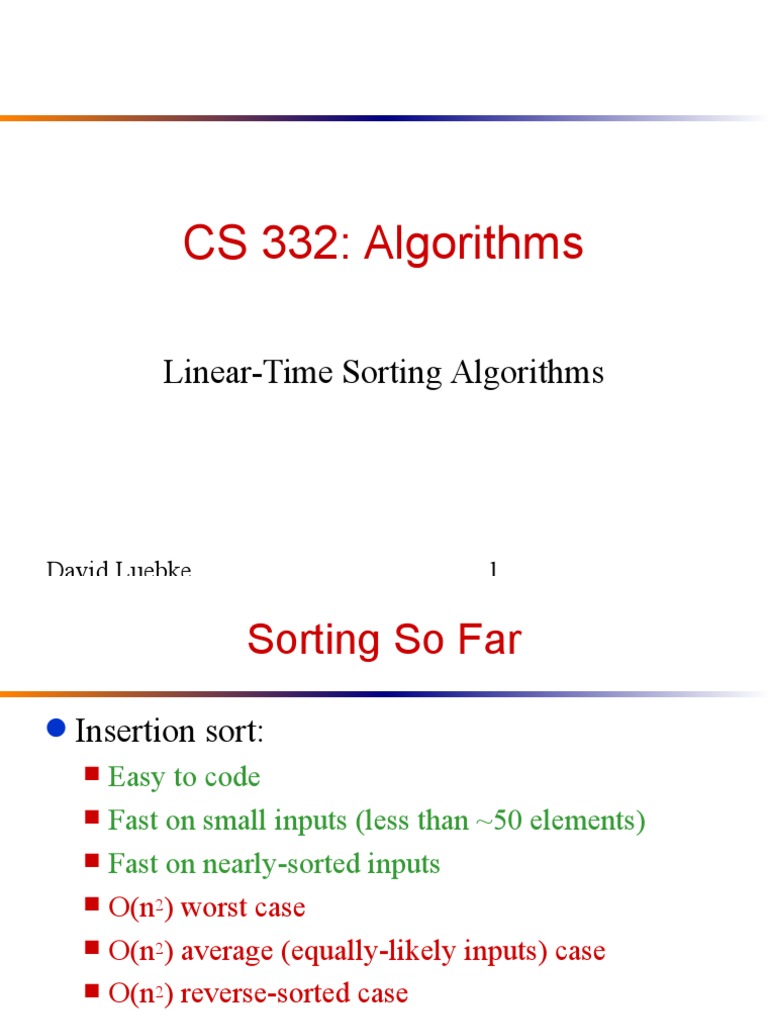 CS 332: Algorithms: Linear-Time Sorting Algorithms | PDF | Discrete Mathematics | Algorithms And ...