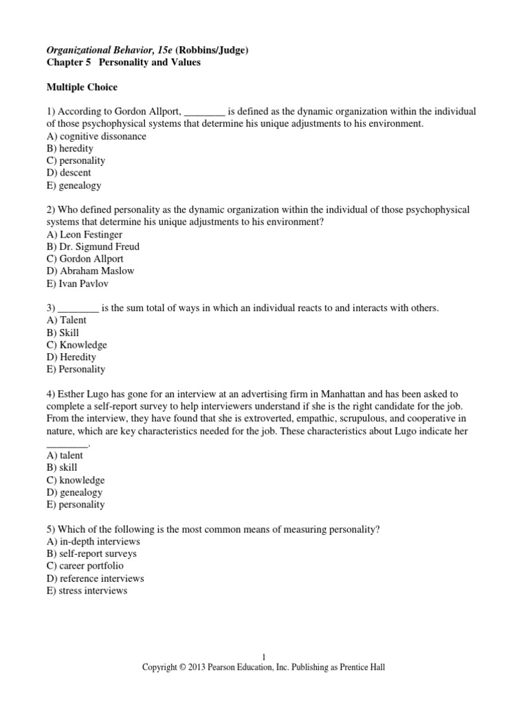 Chapter 5 Personality and Values Multiple Choice: Organizational Behavior, 15e (Robbins/Judge ...