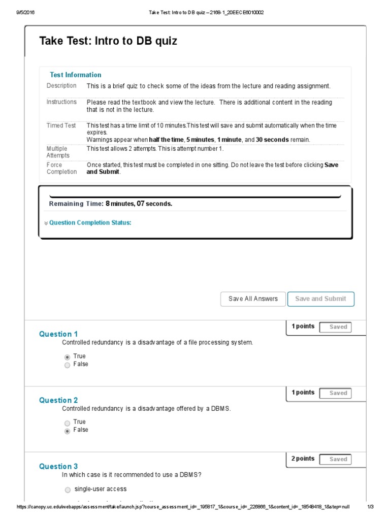 Take Test: Intro To DB Quiz | PDF | Databases | Data Management