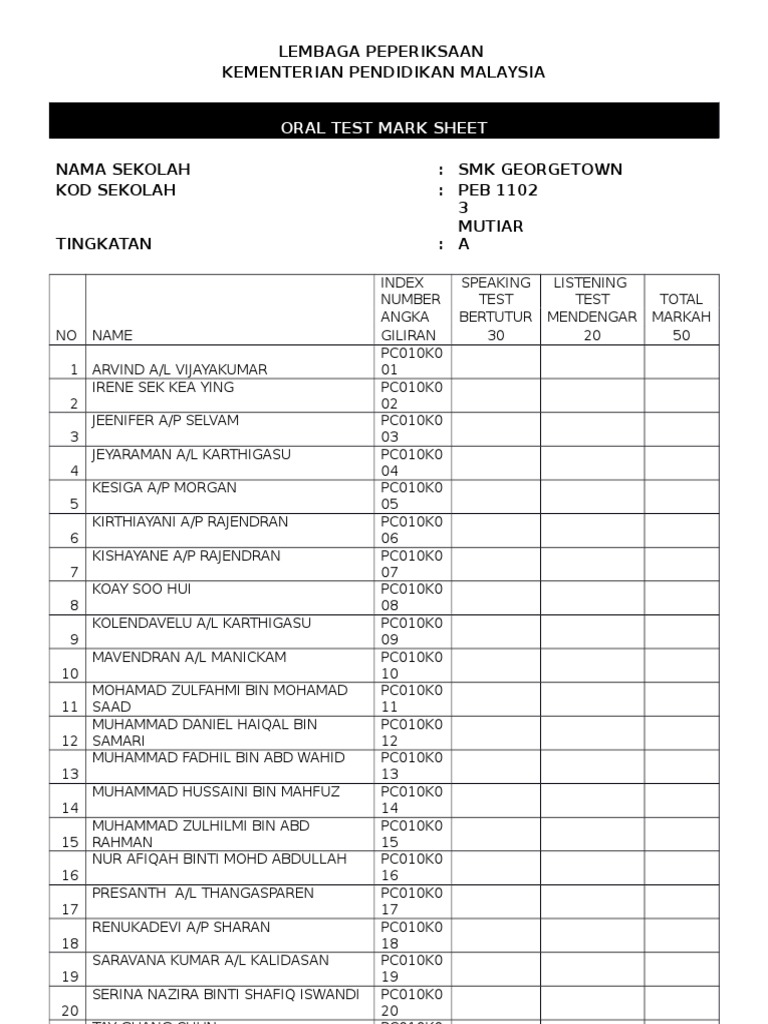 Oral Test Mark Sheet: Lembaga Peperiksaan Kementerian Pendidikan ...