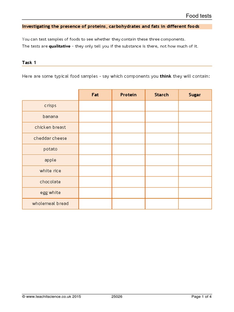 Investigating The Presence of Proteins, Carbohydrates and Fats in ...