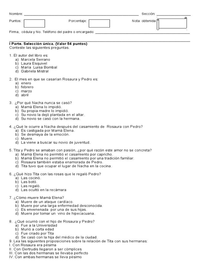 Comprobación de Lectura Como Agua para Chocolate | PDF