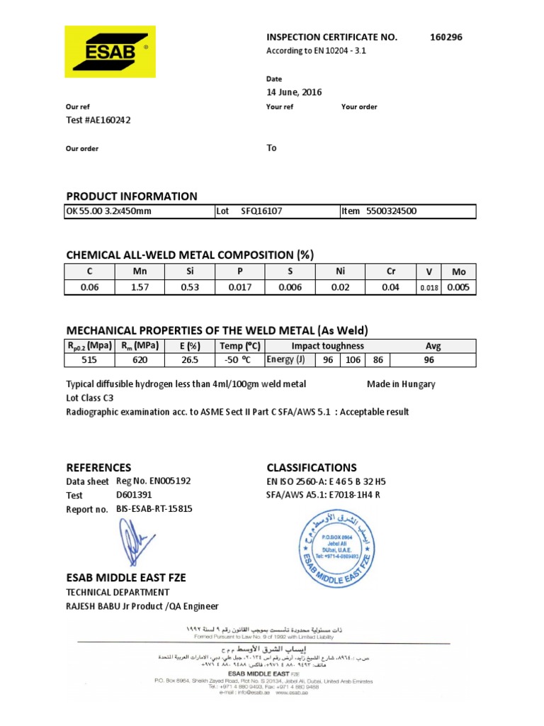 Product Information: Inspection Certificate No. 160296 | PDF ...
