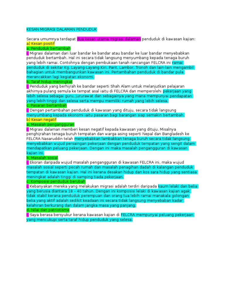 Kesan Migrasi Dalaman Penduduk | PDF