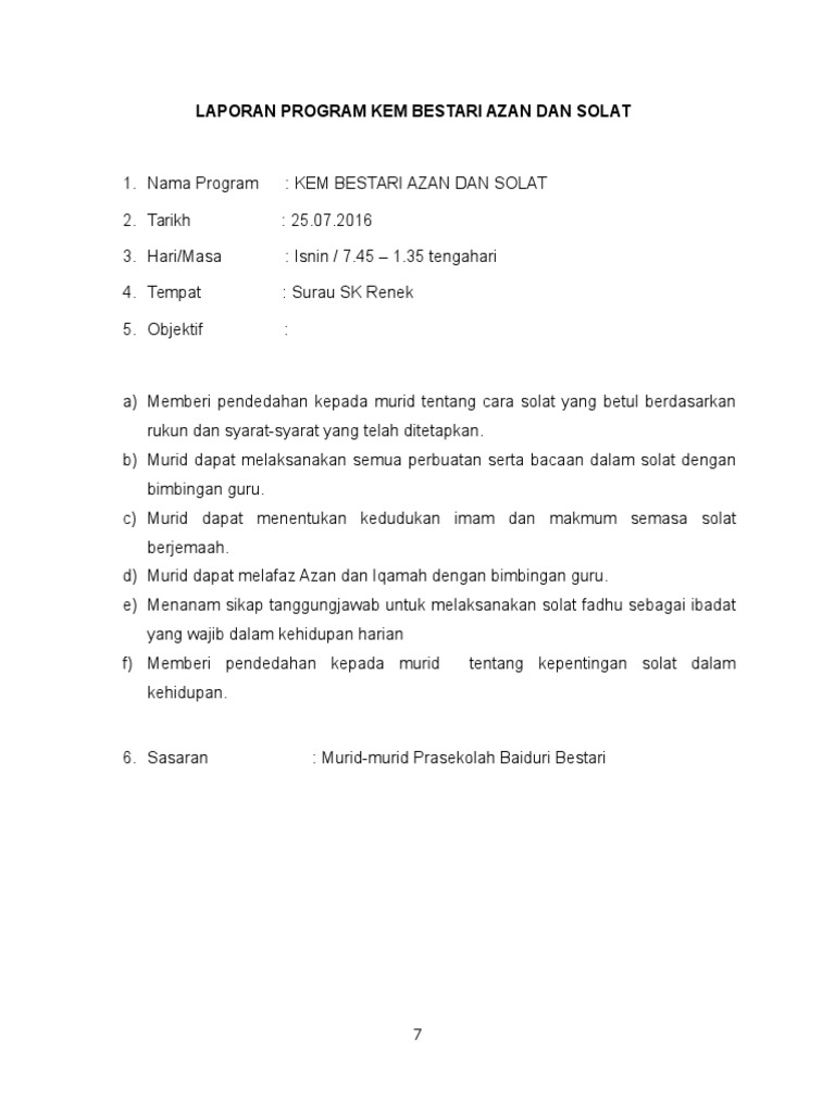 Laporan Kem Bestari Solat Prasekolah | PDF | Pengembangan Diri