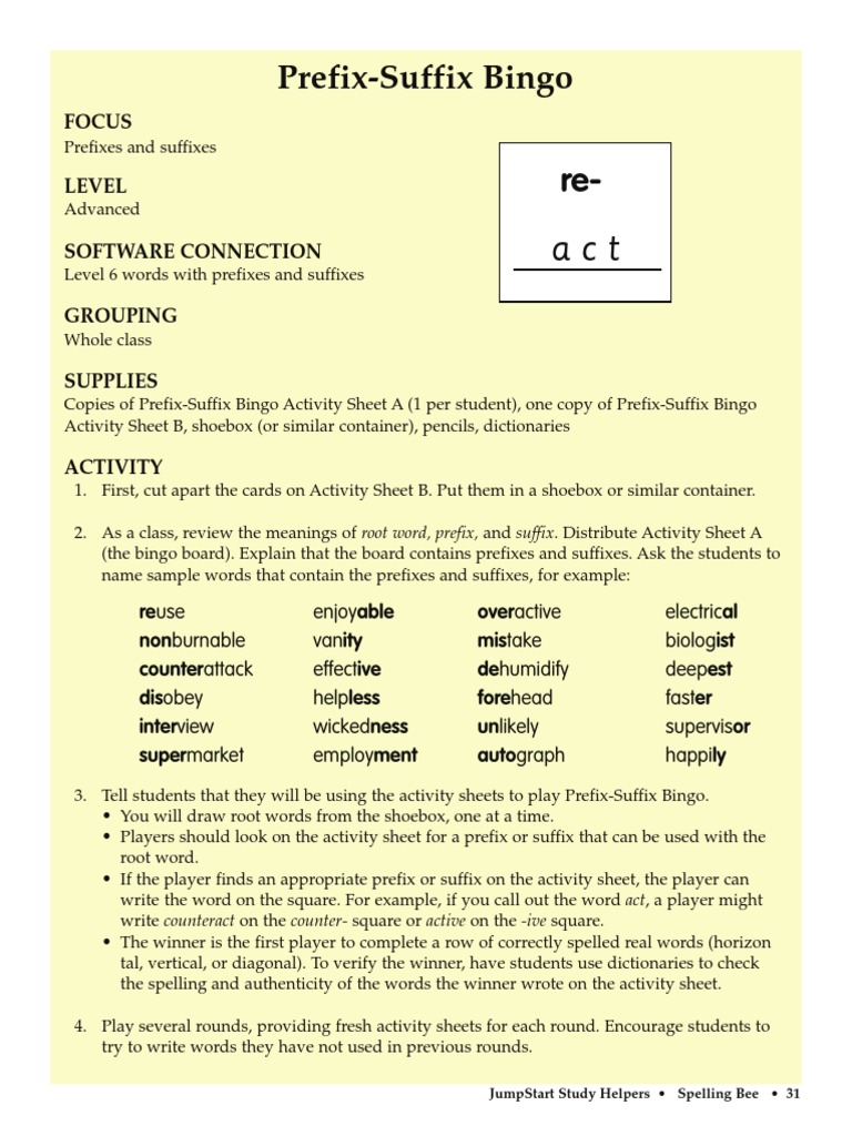 Prefix-Suffix Bingo Activity Guide | PDF