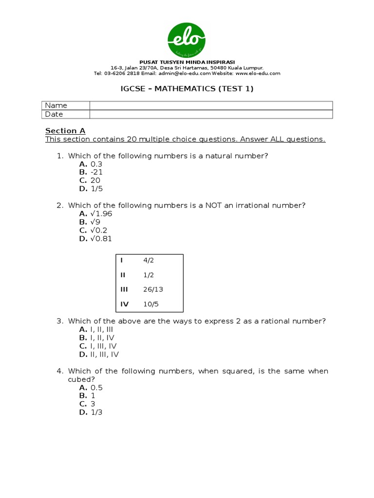 IGCSE Math Test 1 | PDF | Discrete Mathematics | Mathematical Concepts