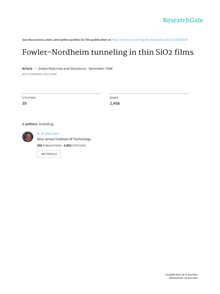 Fowler Nordheim Tunneling in Thin SiO2 Films | PDF | Cathode | Quantum Tunnelling