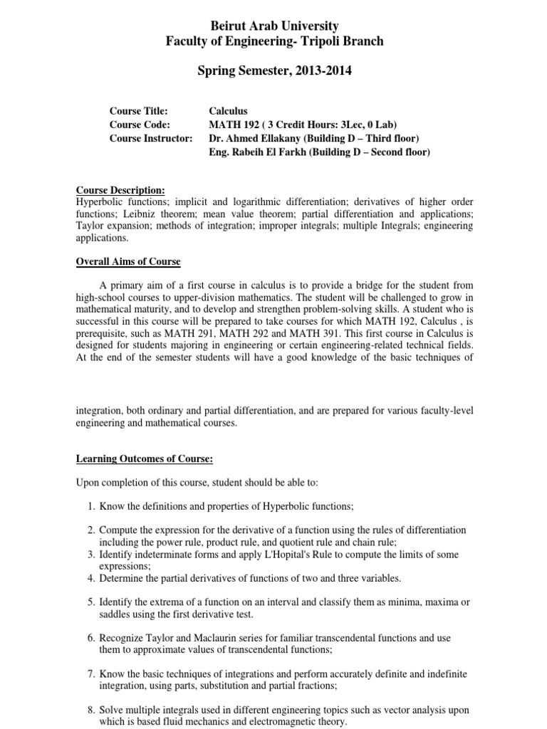 Calculus Math 192 Lec 1 Pdf Calculus Integral