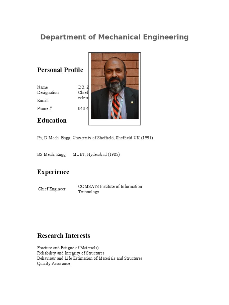 Dr. Zahiruddin Shaikh - Mechanical Engineer Profile | PDF