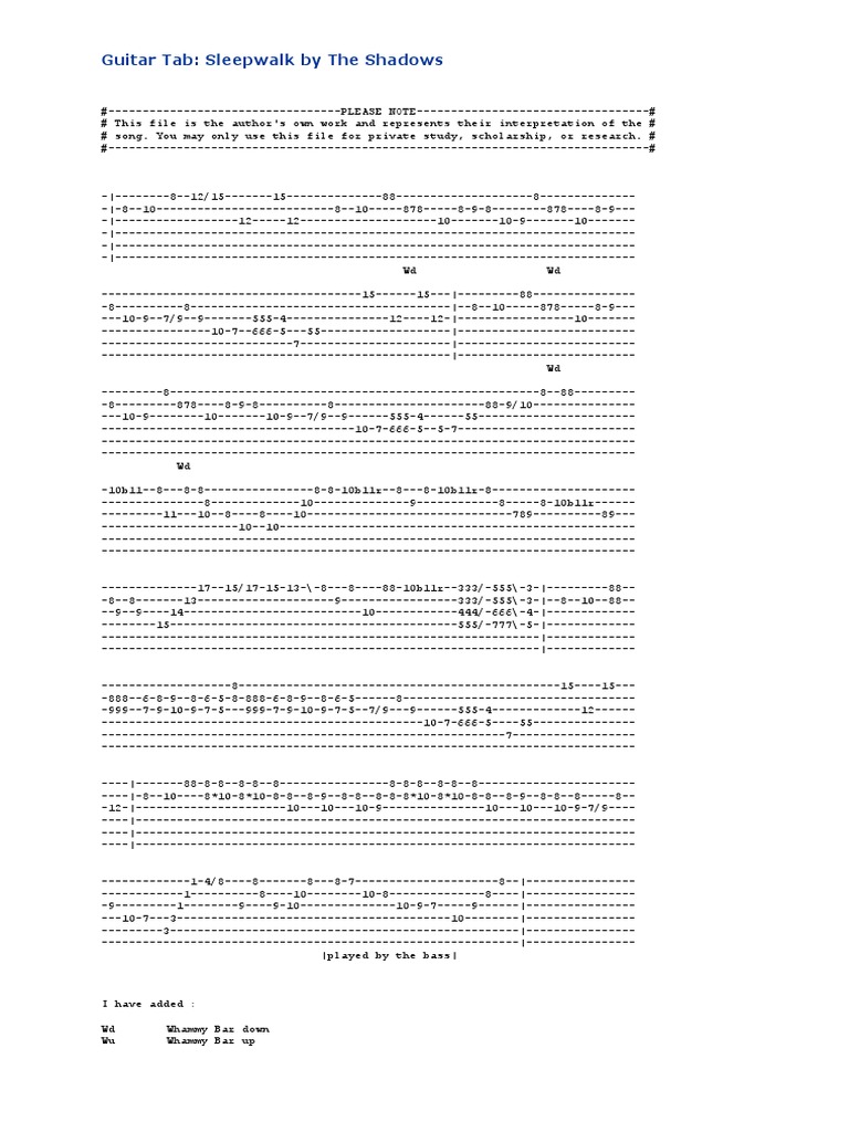 Guitar Tab: Sleepwalk by The Shadows | PDF | Guitars | Guitar Family ...