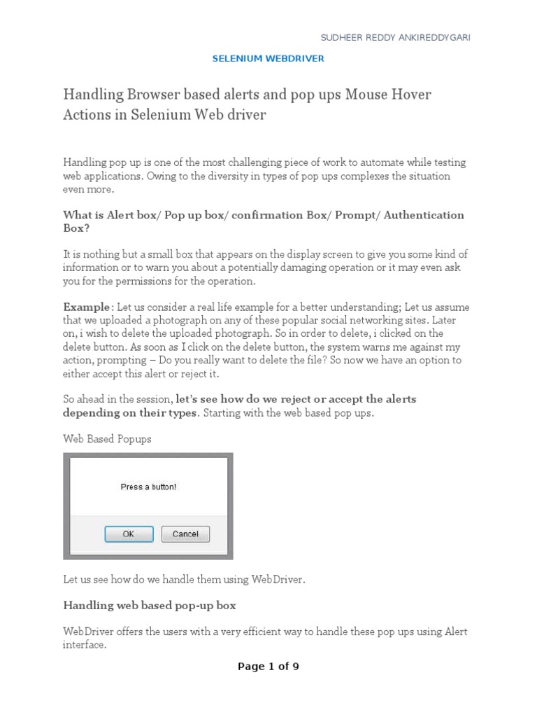 Handling Browser Based Alerts and Pop Ups Mouse Hover Actions in Selenium Web Driver | Download ...