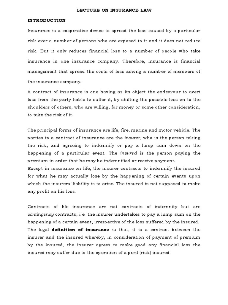 Lecture On Insurance Law | PDF | Insurance | Indemnity