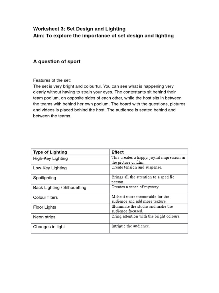 Worksheet 3: Set Design and Lighting Aim: To Explore The Importance of ...