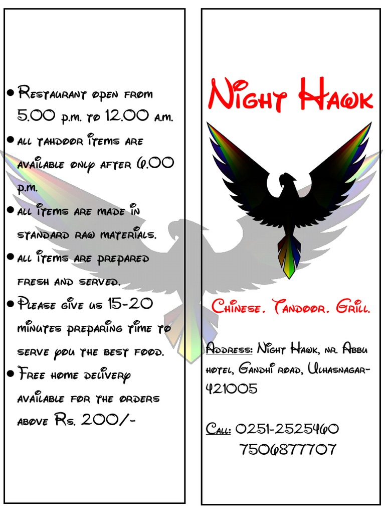 Night Hawk Restaurant Menu & Delivery | PDF
