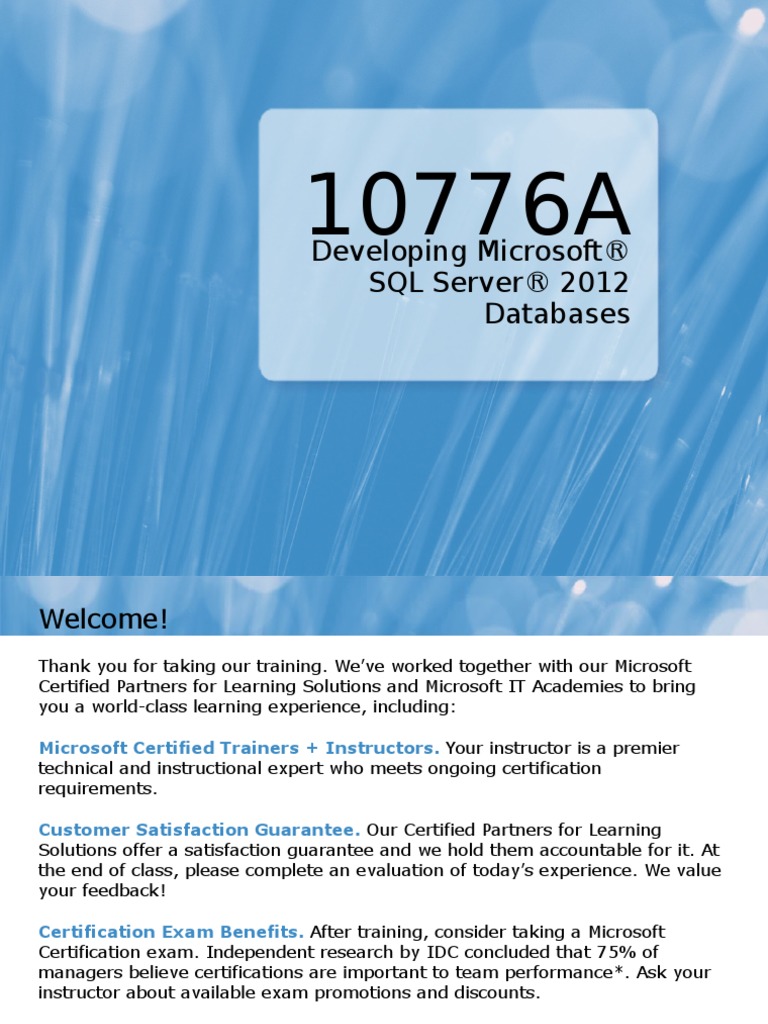 Developing Microsoft® SQL Server® 2012 Databases | PDF | Microsoft Sql Server | Data Management ...