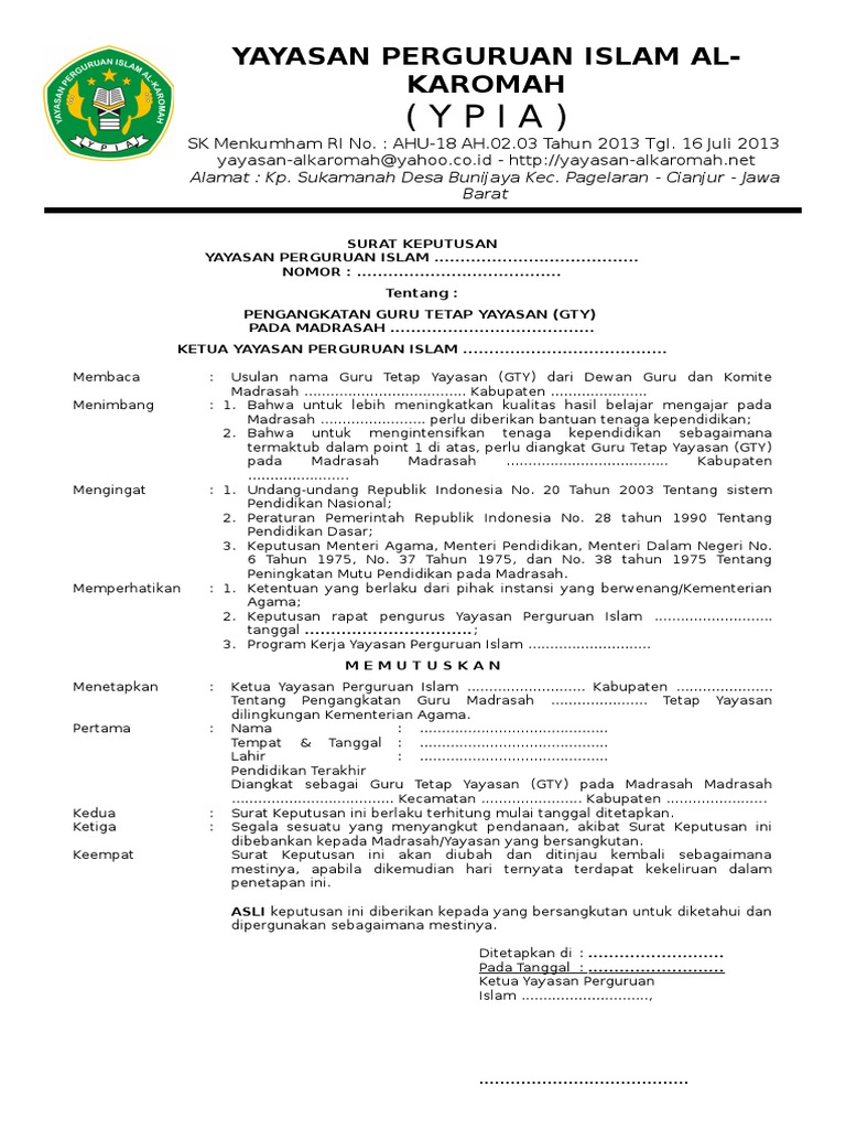 Contoh SK Guru Tetap Yayasan Madrasah Format Doc