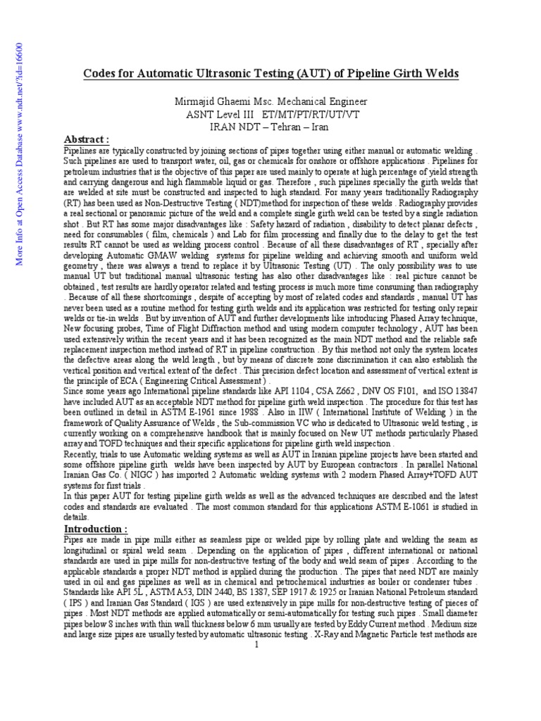 AUT Codes for Pipeline Girth Welds | PDF | Nondestructive Testing ...