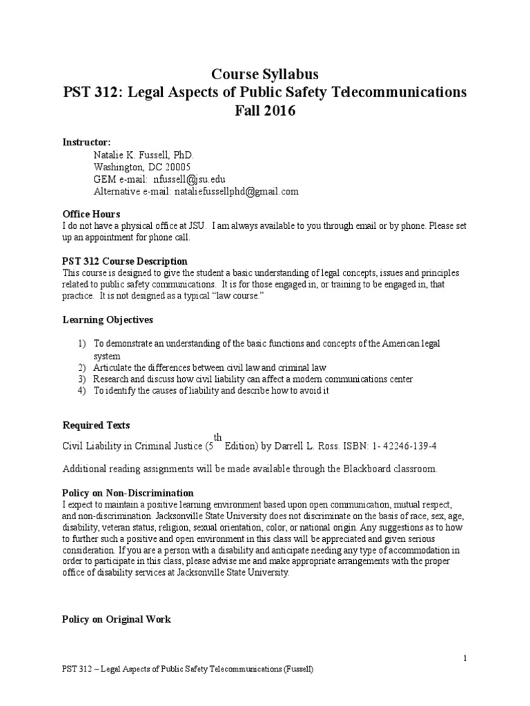 JSU PST 312 - Course Syllabus - FALL 2016 | PDF | Memorandum | Plagiarism