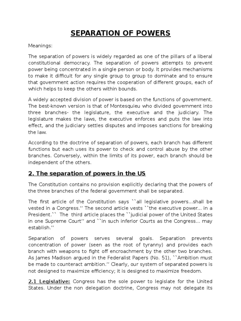 The Separation of Powers in The US | PDF | Separation Of Powers ...