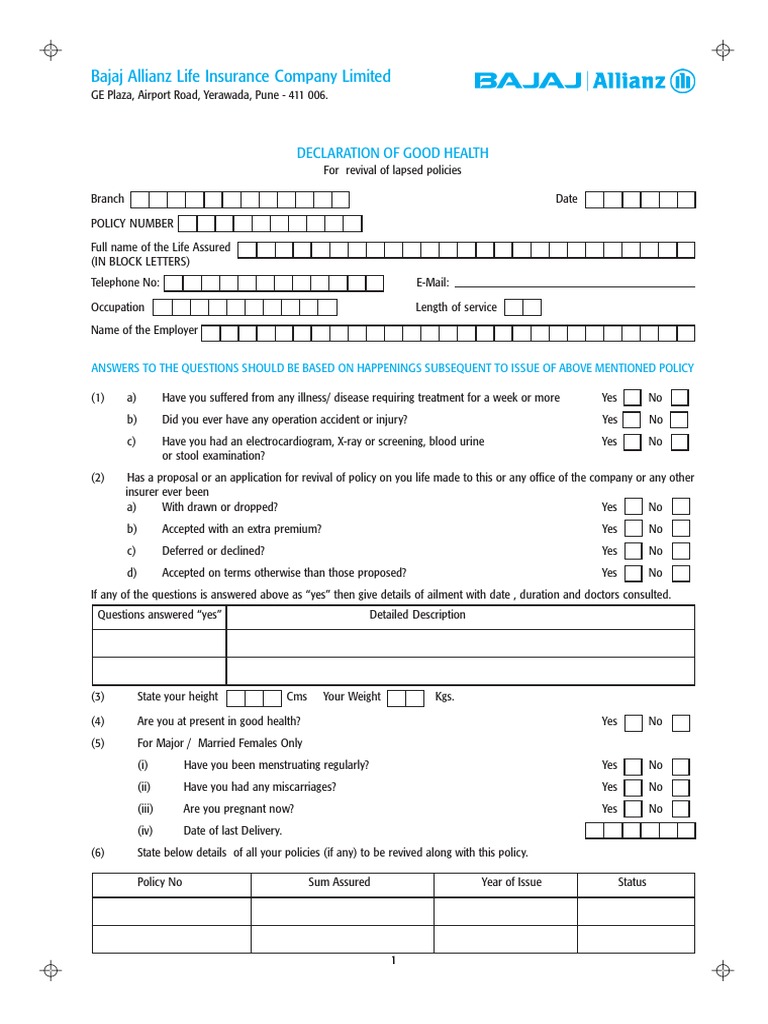 Bajaj Allianz Health Declaration Form | PDF | Misrepresentation | Life ...
