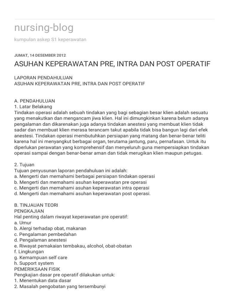 Nursing-Blog: Asuhan Keperawatan Pre, Intra Dan Post Operatif | PDF