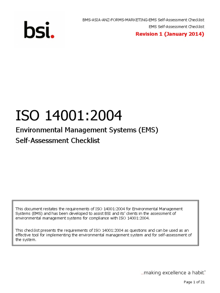 ISO14001-EMS Self-Assessment Checklist PDF | PDF | Internal Audit | Audit