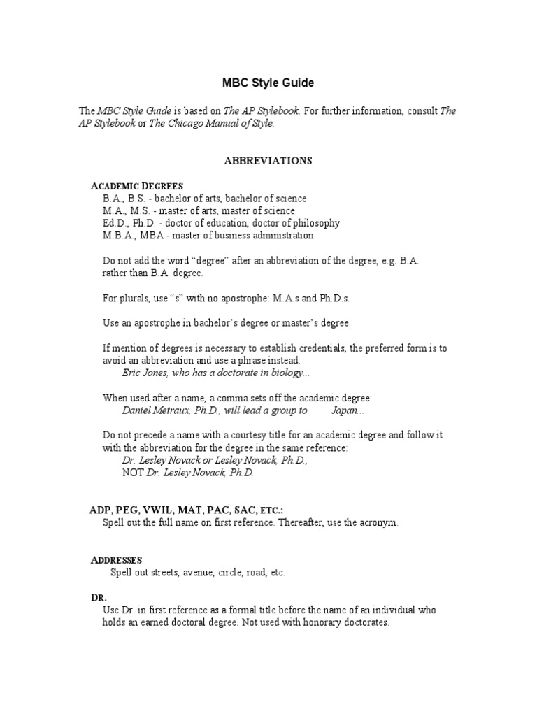 AP Stylebook or The Chicago Manual of Style.: Abbreviations D | PDF ...