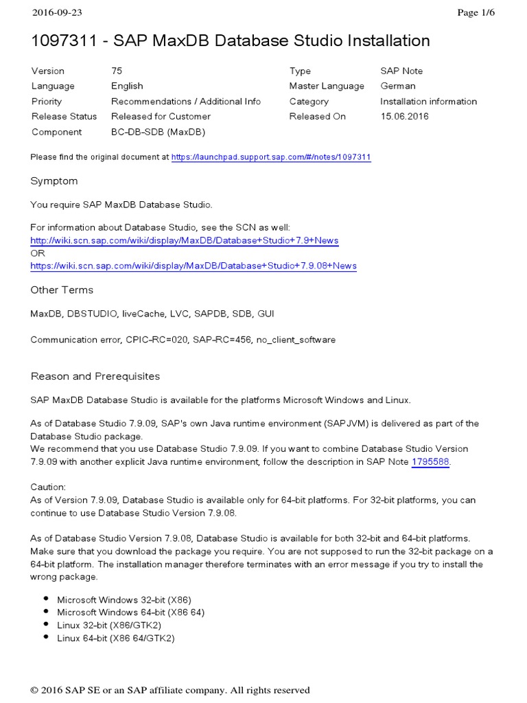 Sap Maxdb Database Studio Installation: Symptom | PDF