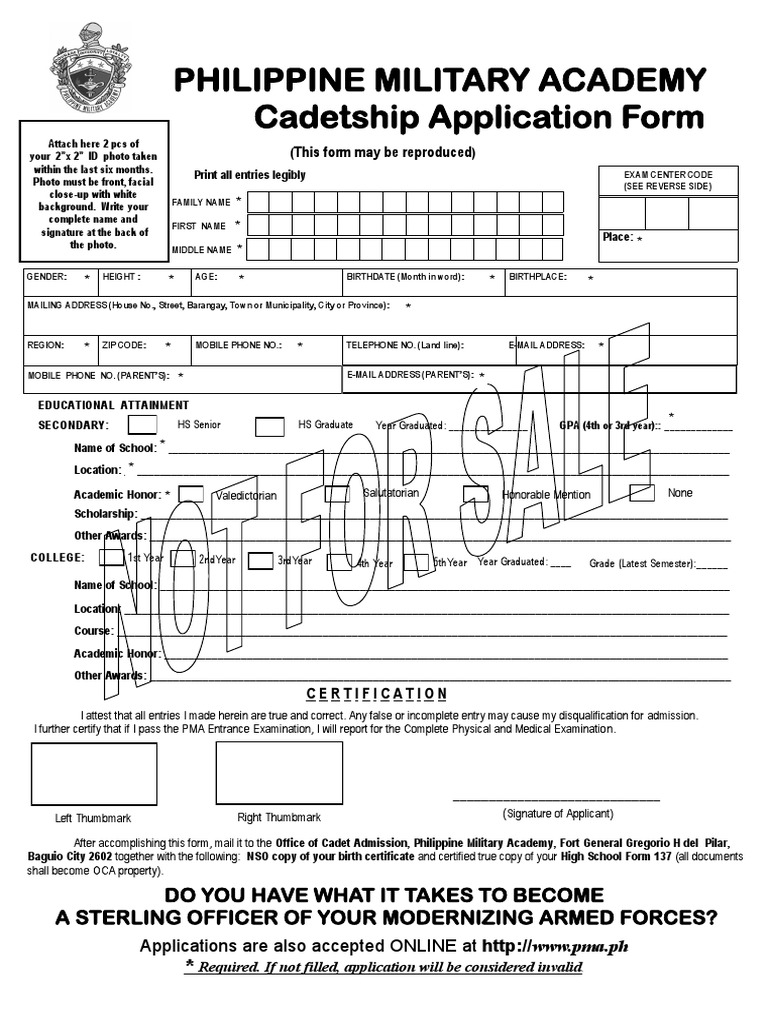 Philippine Military Academy Cadetship Application Form | PDF