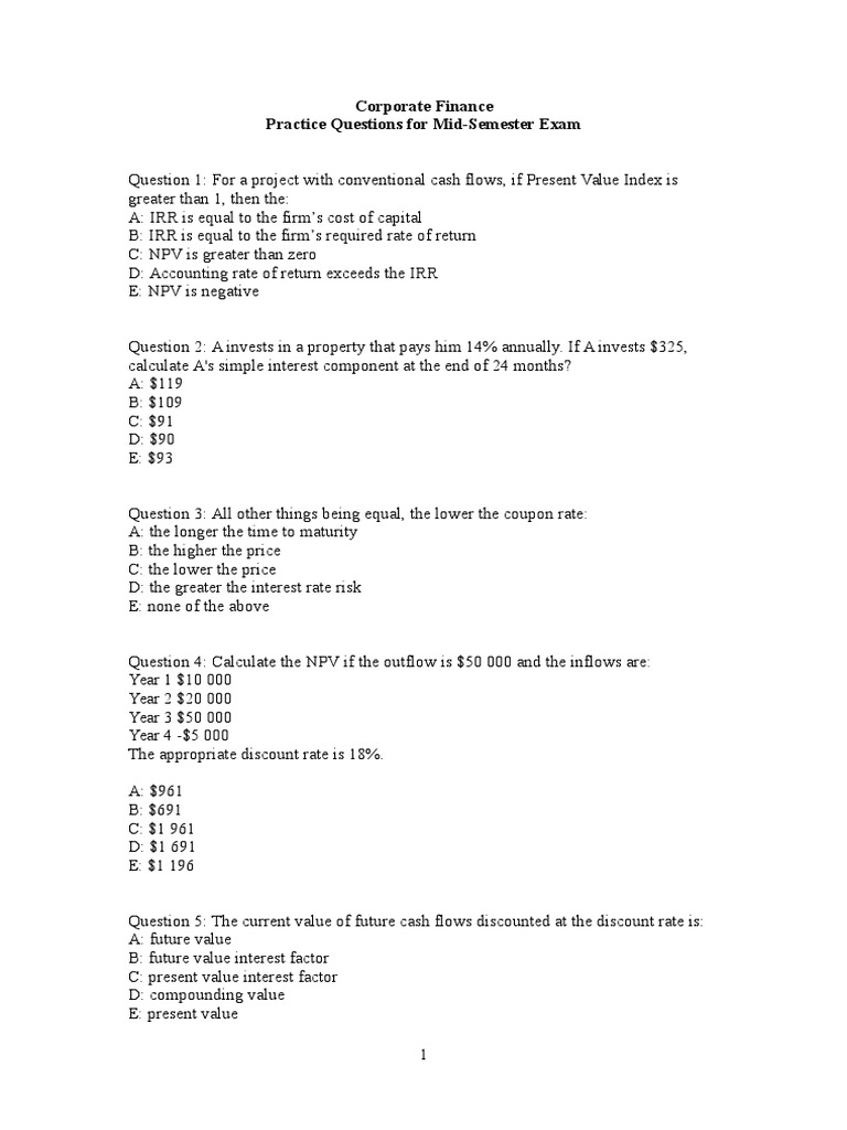 Corporate Finance Practice Questions Mid | PDF | Net Present Value ...