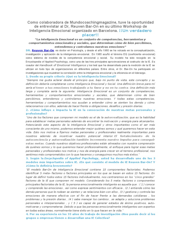 Entrevista Al DR. REUVEN BAR-On | PDF | Inteligencia emocional | Las ...