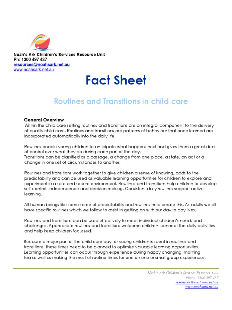 Routines and Transistions Fact Sheet 2014 | PDF | Child Care ...