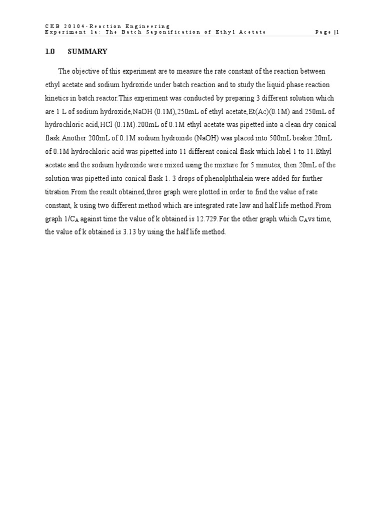 CKB 20104 Reaction Engineering UniKL MICET Experiment 1a: The Batch Saponification of Ethyl ...