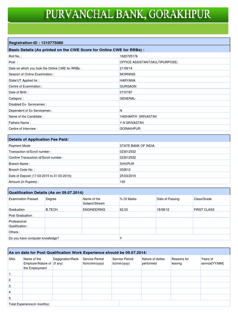 Registration-Id: 1310775080 Basic Details (As Printed On The Cwe Score ...