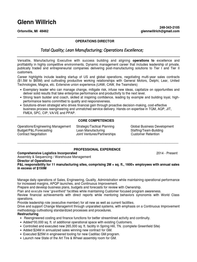 VP Director Operations Manufacturing in Detroit MI Resume Glenn ...