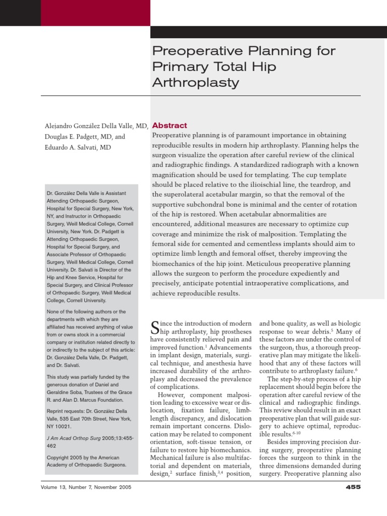 Preoperative Planning For Primary Total Hip Arthroplasty | PDF | Pelvis ...