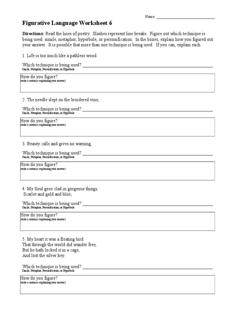 Determining The Type Of Figurative Language Worksheets Determining The Type Of Figurative Language Worksheets
