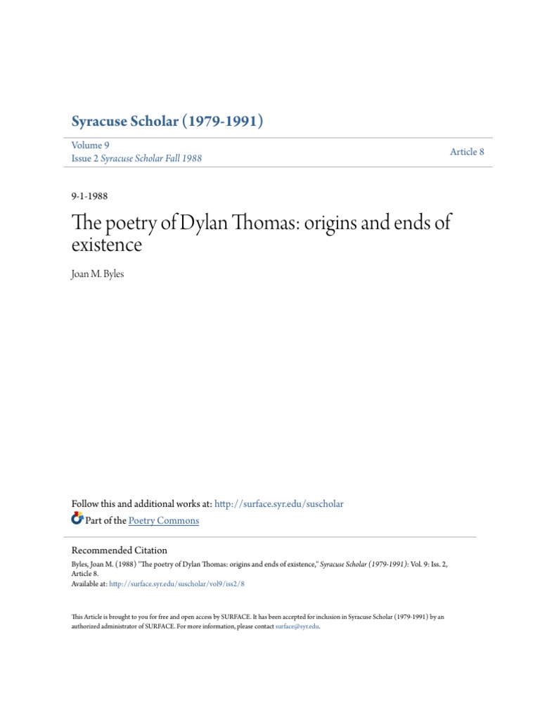 The Poetry of Dylan Thomas - Origins and Ends of Existence | PDF ...