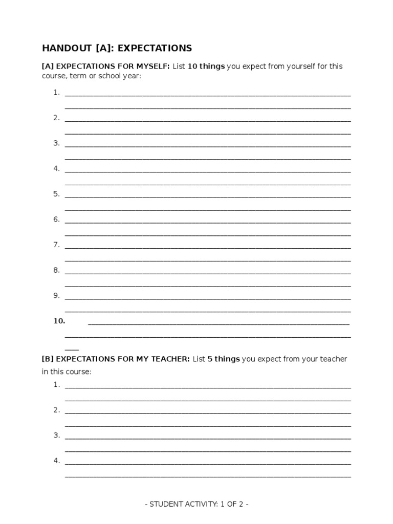 Handout (A) : Expectations: (A) EXPECTATIONS FOR MYSELF: List 10 Things ...
