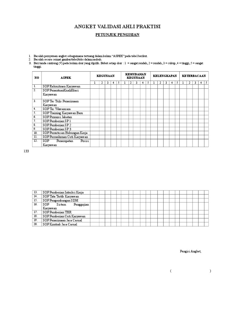 Angket Validasi Ahli Praktisi | PDF