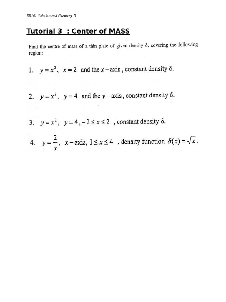 Tutorial 3: Center of MASS: EE101 Calculus and Geometry II | PDF