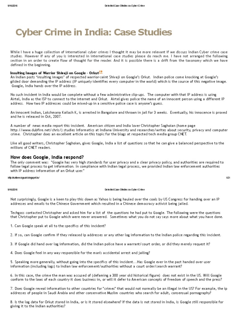 Selected Case Studies On Cyber Crime PDF | Outsourcing | Personal ...