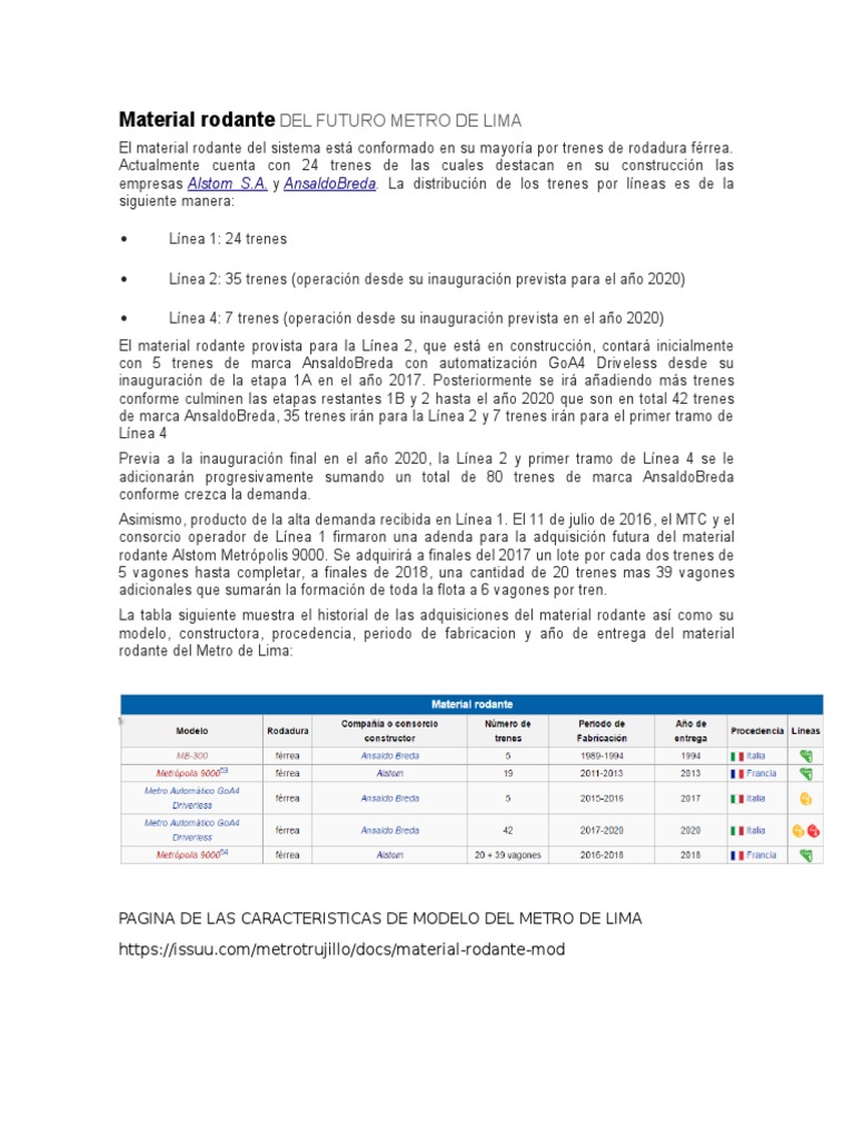 Material Rodante Del Futuro Metro de Lima | PDF | Transporte ...