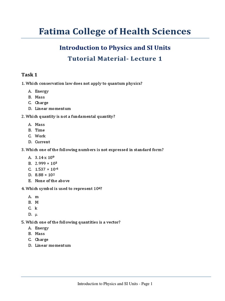 Tutorial - 1 Introduction To Physics and SI Units PDF | PDF