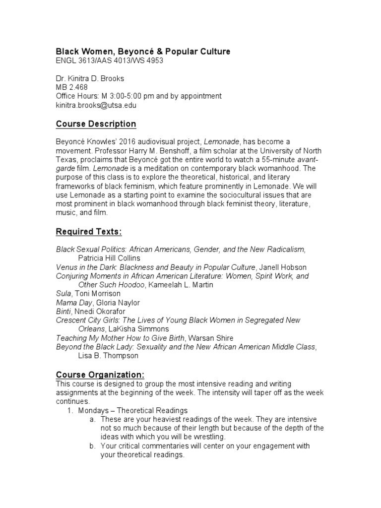UTSA 'Lemonade' Class Syllabus | PDF | Lemonade (Beyoncé Album ...