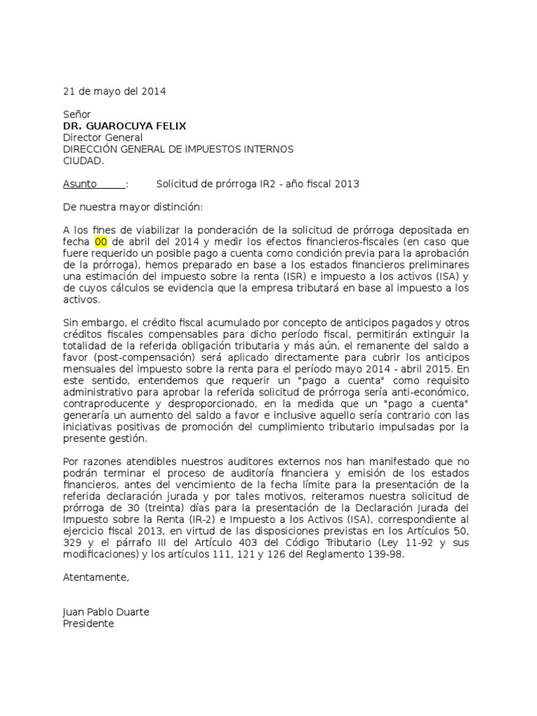 Carta de Solicitud de Prorroga Ir2 2013 Dgii - Escrito Complementario | PDF