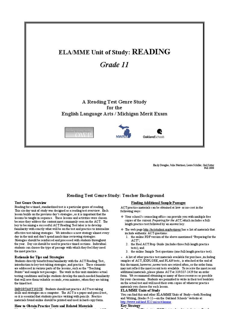 11th Grade Reading | Download Free PDF | Act (Test) | Test (Assessment)