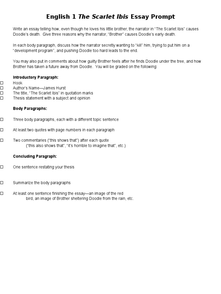 English 1 The Scarlet Ibis Essay Prompt | PDF | Paragraph | Essays