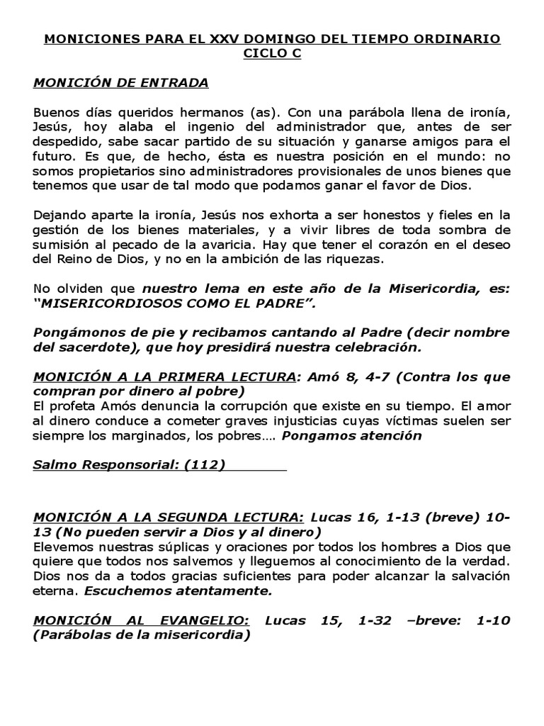Moniciones para El XXV Domingo Del Tiempo Ordinario Ciclo C | PDF ...